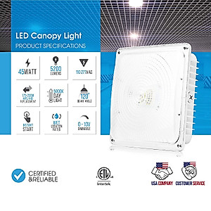 PARMIDA LED Canopy Light, 45W, 0-10V Dimmable,110-277VAC, IP65 Waterproof, ETL-Listed, 5000K (Day Light), 9.6" x 9.6", Gas Station, Street, Area & Outdoor Lighting, White