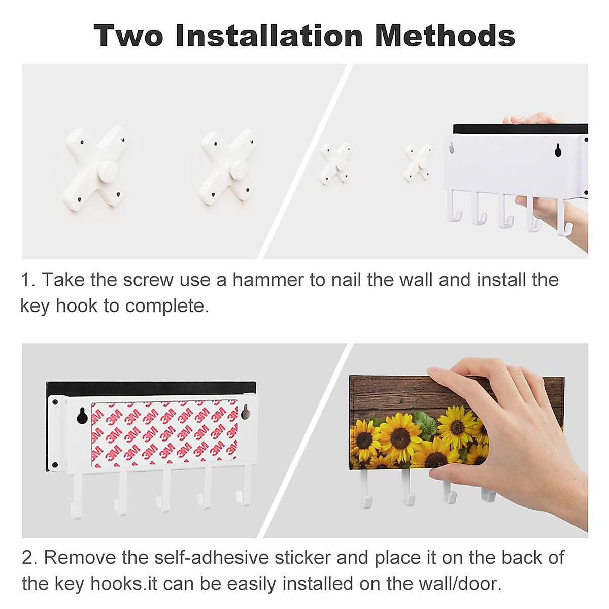 JAIDEN BEATA Cute Decorative Key Holder for Wall, Sunflower Wood Floral Print Retro Self Adhesive Key Rack Mail Organizer Wall Mount Hanging Key Holder Key Hanger for Kitchen Office Entryway Door