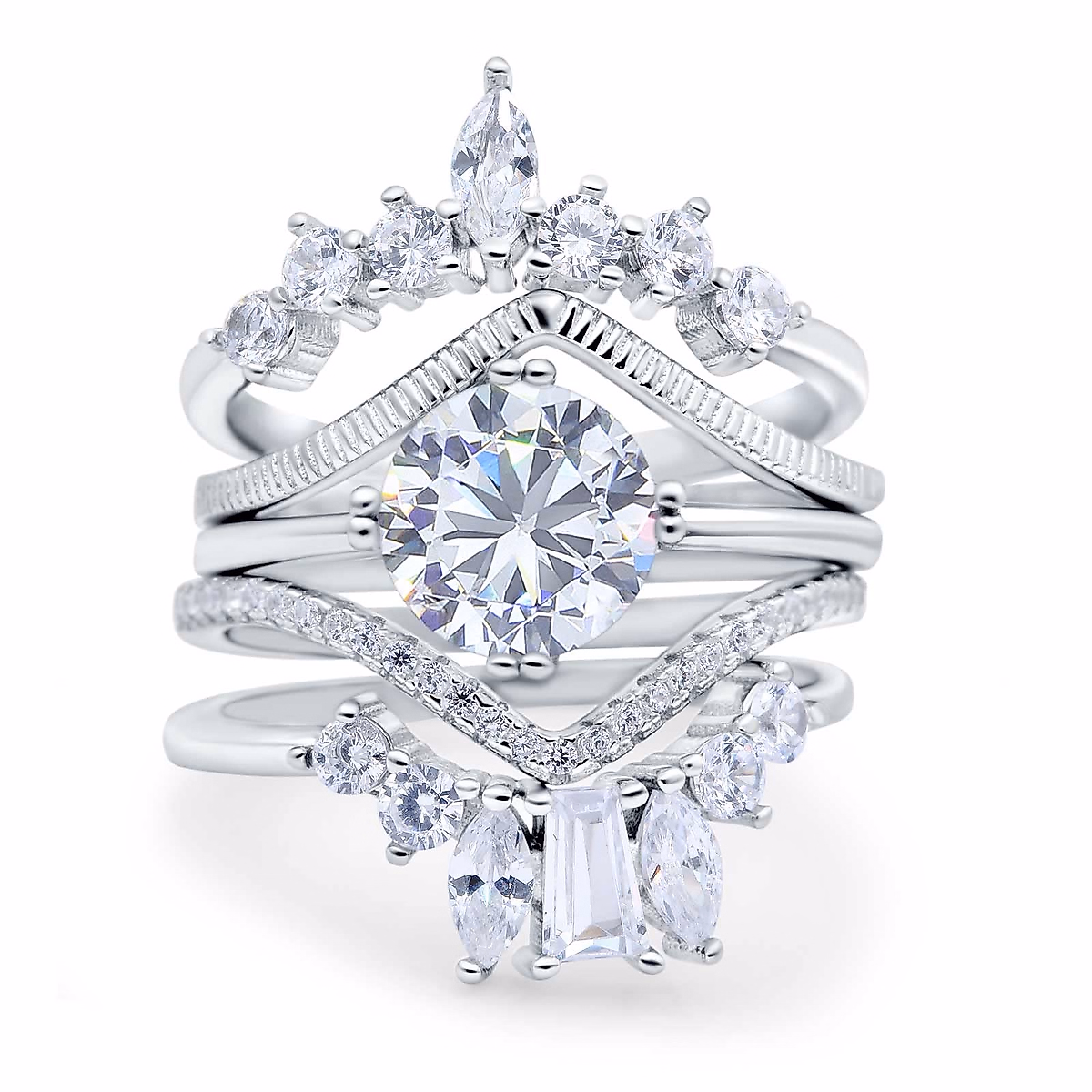 Blue Apple Co. Simulated Cubic Zirconia Size-10 Trio Set Wedding Ring Three Piece Bridal Set Marquise Round CZ 925 Sterling Silver