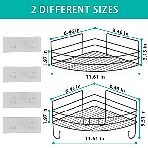 Corner Shower Shelves with 4 Hooks, 2-Tier Stainless Steel Bathroom Shower Organizers, Wall Mounted Caddy Shelves No Drilling with Adhesive, Triangle Storage Shelf for Toilet, Dorm and Kitchen, Black