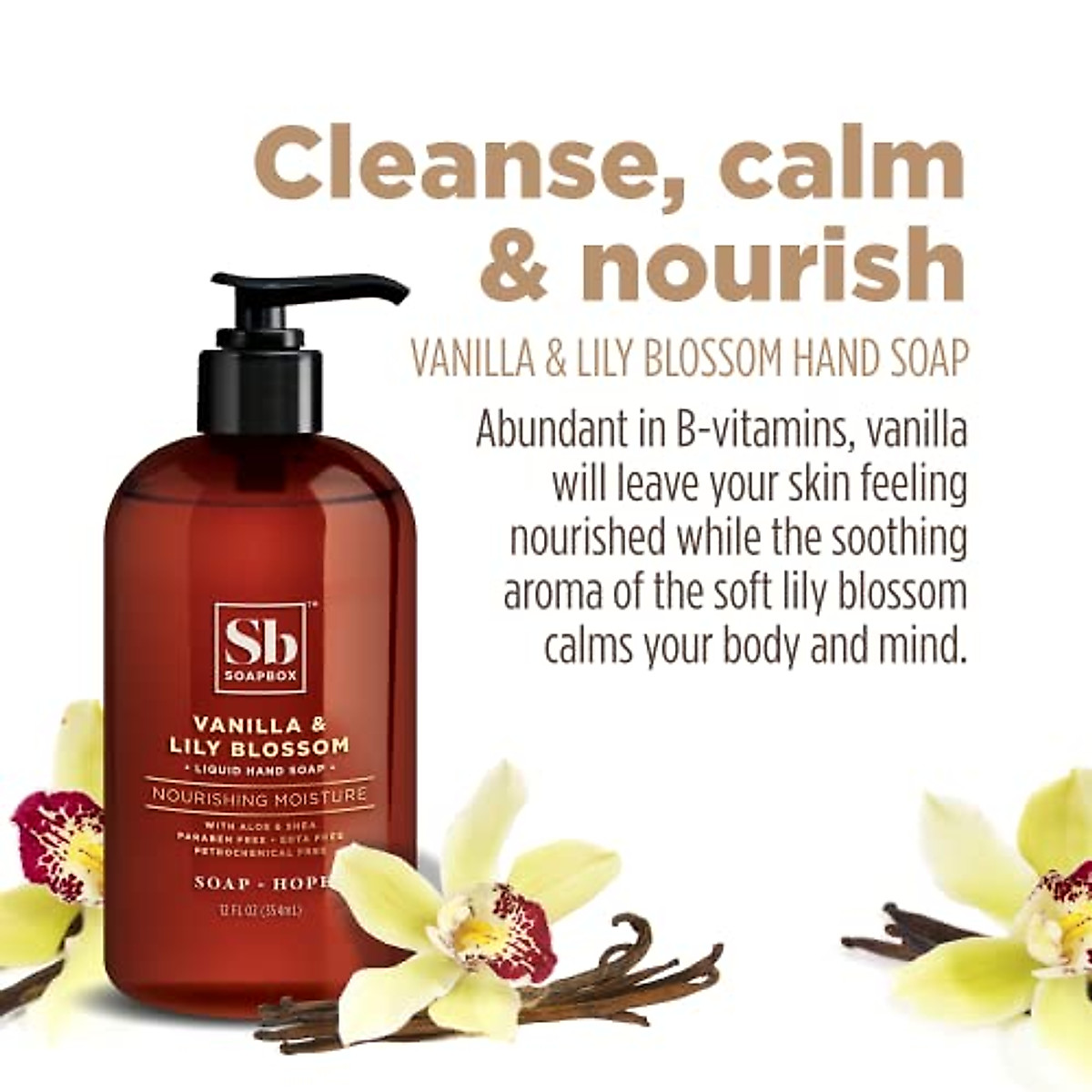 Soapbox Liquid Hand Soap, Vanilla & Lily Blossom - Gentle, Moisturizing Hand Cleanser, Vegan, Cruelty Free Hand Soap for Bathroom and Kitchen, 12oz Pump Bottles (Pack of 3)