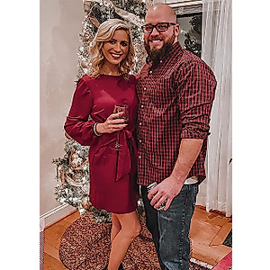 PRETTYGARDEN Women's Elegant Long Lantern Sleeve Short Dress Crewneck Tie Waist Knit Cocktail Dress (Wine Red,Large)