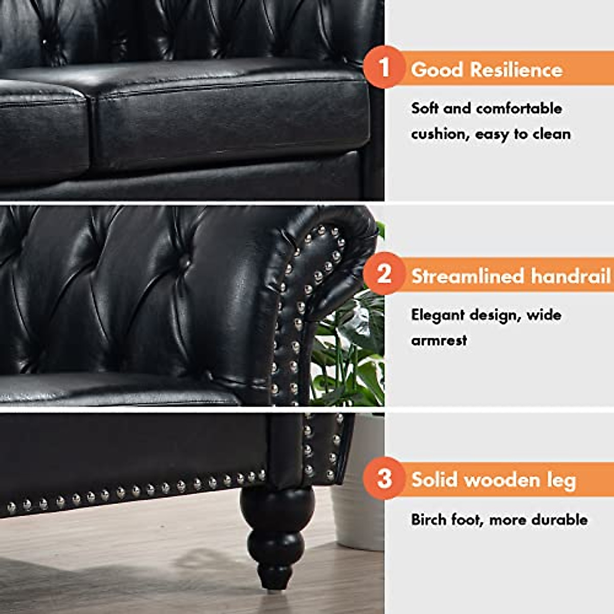 Wlvos 84" Leather Chesterfield Sofas for Living Room, Rolled Arm 3-Seater Large Couch Deep Button Nailhead Tufted Upholstered Couches for Bedroom, Office Apartment Easy to Assemble (Black)