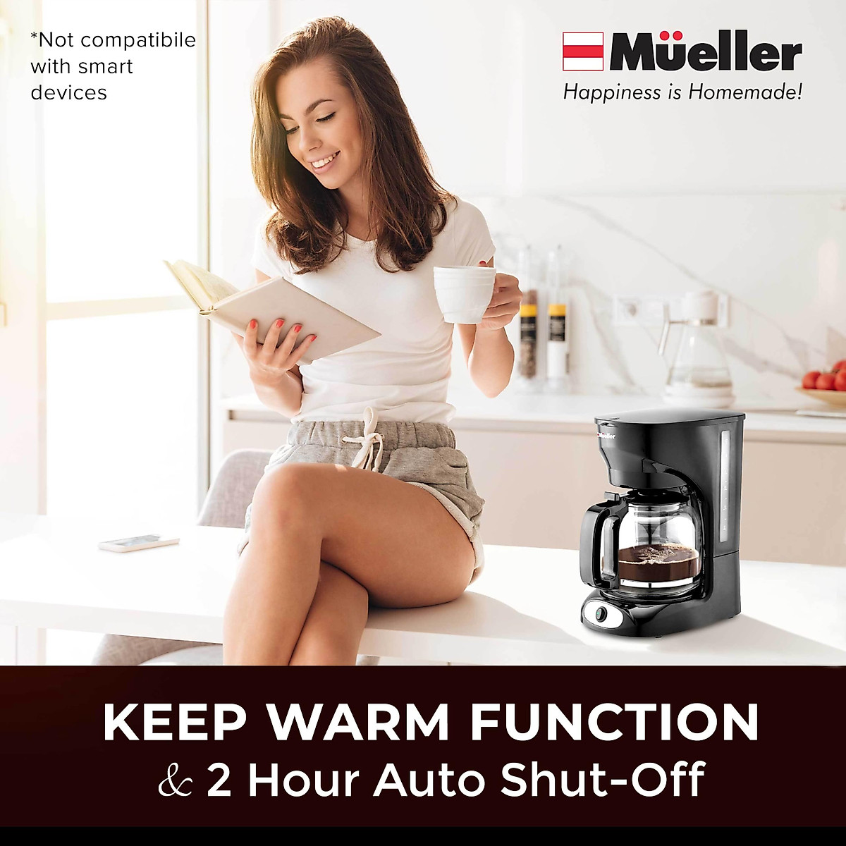 Mueller 12-Cup Drip Coffee Maker, Auto Keep Warm Function, Smart Anti-Drip System, with Permanent Filter and Borosilicate Glass Carafe, Clear Water Level Window Coffee Machine