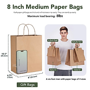 GSSUSA 100 Pack 8x4.25x10'' Paper Bags with Handles Bulk, Brown Paper Gift Bags for Small Business, Sturdy Retail Shopping Bags, Birthday Wedding Party Favor Bags, Craft Bags, Kraft Bags