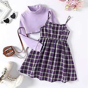 PATPAT Girl's 2 Pieces Plaid Dress Set Outfits Casual High Neck Long Sleeve Crop Top and Preppy Camisole A-Lined Dresses Sets Purple 8-9 Years