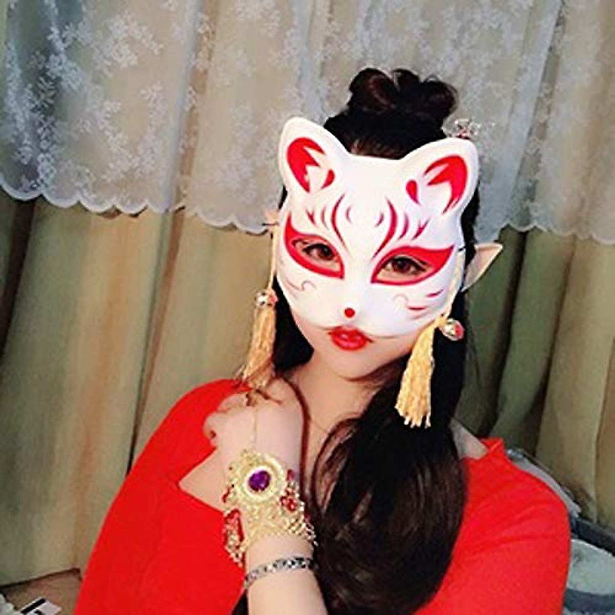 YangYong Kitsune Fox Mask for Halloween Costume,Animal Cosplay Kabuki Half Face Cat Masks Masquerade Party