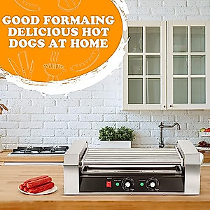 Yexiya 110V Electric Hot Dog Roller Machine Stainless Steel Grill Cooker Machine 7 Rollers Hot Dog Warmer with Oil Brush, Clip, Dishcloth and 100 Pcs Bamboo Sticks for Kitchen Canteen House Restaurant