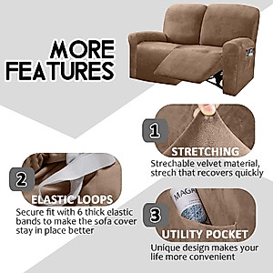 ULTICOR Reclining Love Seat Slipcover, 48" - 65" L, 6-Piece Velvet Stretch Loveseat Reclining Sofa Covers, 2 seat Love seat Recliner Cover, Thick, Soft, Washable (Sand)