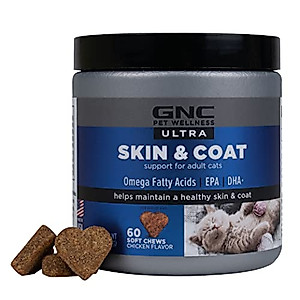 GNC Pets Ultra Skin & Coat Soft Chews, Cats, Chicken Flavor. 60-ct in an 8-oz Canister | Skin and Coat Supplements for Cats in Chewable Chicken Flavor