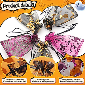 QPRETTY DU 100PCS Halloween Organza Gif Bags Set, 25PCS Glow in The Dark Resin Figures,25PCS Tattoo Sticker,Black Drawstring Gift Bags,4×6 Mesh Candy Gift Bags for Halloween Party Favors Set