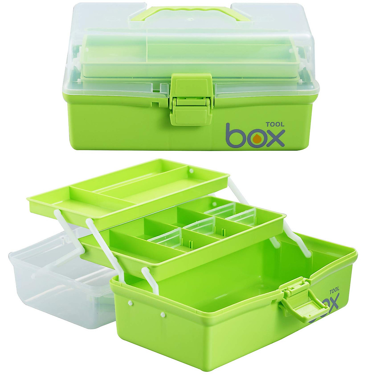 Kinsorcai 12'' Three-Layer Clear Plastic Storage Box/Tool Box, Multipurpose Organizer and Portable Handled Storage Case for Art Craft and Cosmetic (Green)