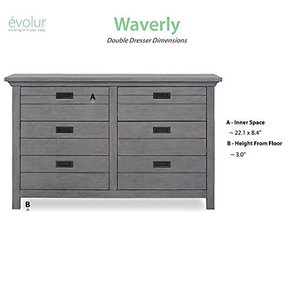 Evolur Waverly Double Dresser, Rustic Grey , 54x20.25x33 Inch (Pack of 1)