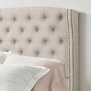 Rosevera Louis Upholstered Wingback Headboard with Double Nailhead Trimming and Button Tufting for Bedroom, Queen, Linen Beige