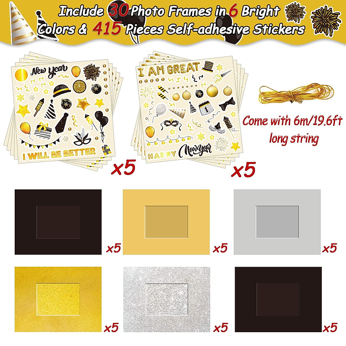 chiazllta 30 Packs Happy New Year Craft Kits for Kids, 2024 New Year Picture Frame DIY Craft Art New Year Party Favor Decor Home Classroom Game Activities