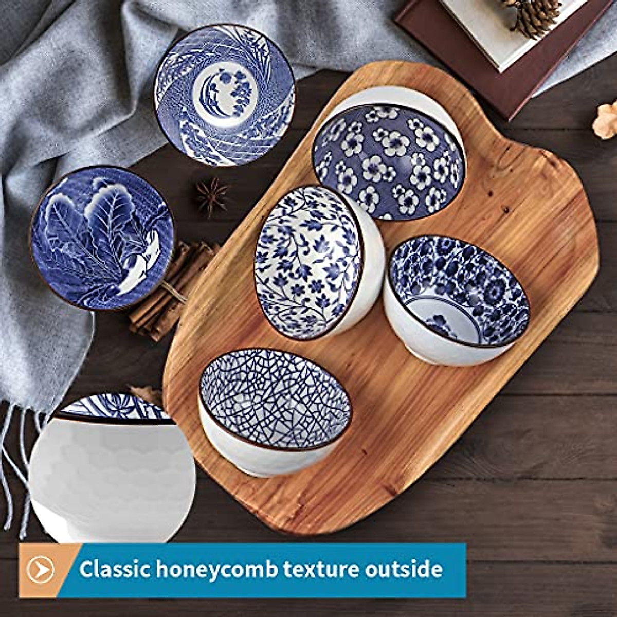 Sanbege Ceramic Rice Bowls 10 oz, Japanese Style Bowl Gift Set, Assorted Dinnerware Serving Bowls for Cereal, Soup, Dessert, Snack, Fruit, Salsa, Pack of 6 (Blue and White)