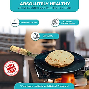 KASHVIYA Iron Concave Roti/Chapati/Paratha/Fulka Tawa with Wooden Handle 27.5 Cm|11 inch|2 mm Thick Original Iron