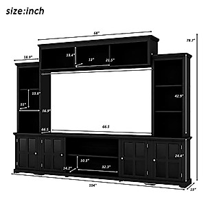 Mid-Century Entertainment Wall Unit for Living Room with Storage Bridge, TV Stand for 60 65 Inch TVs, Wood TV Media Console Table with Shelves, Gaming Entertainment Center with Bookshelves, Black