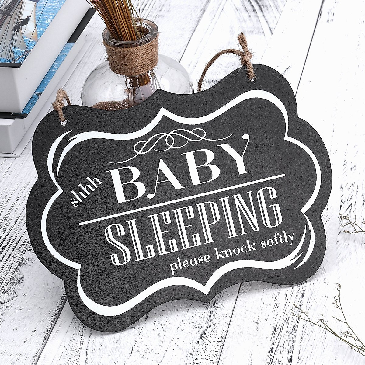 WINOMO Baby Sleeping Sign for Door "shhh BABY SLEEPING please knock softly" Funny Wooden shhh Baby Sleeping Sign for Front Door Bedroom Door