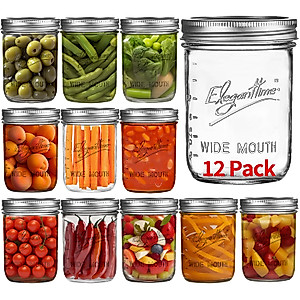 eleganttime Wide Mouth Mason Jars 16 oz,12 Pack Canning Jars with Lids,Airtight Container Glass Jars for Candles,Home Decor,Overnight Oats,Fruit Preserves,Jam or Jelly