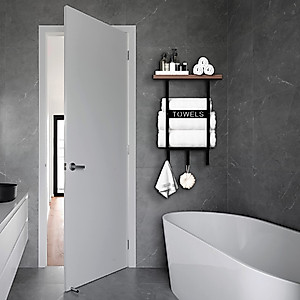 Towel Rack, ZUJJAFY Racks for Bathroom Storage Wall Mounted Holder Decor, Bath Organizer with Wooden Shelf and Hooks Rolled Towels Matte Black With ''Towels'' Logo