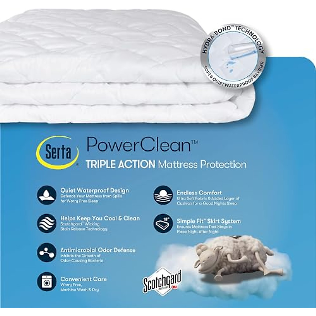 SERTA Power Clean Triple Action Quilted Soft Waterproof Mattress Pad Protector, Moisture Wicking Protection with 15" Deep Pocket, Twin, White