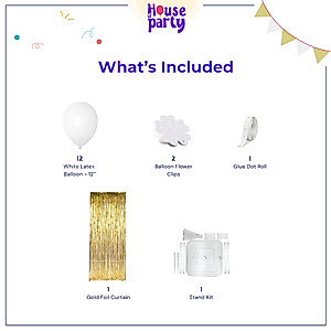 HOUSE OF PARTY DIY Balloon Topiary Stand - Balloon Holder with White Balloons & Gold Foil Curtain, Centerpiece Balloon Column for Wedding & Engagement Decorations