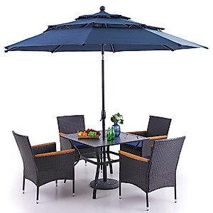 PHI VILLA 6 pcs Patio Dining Set with Umbrella(Navy Blue),1 Square Metal Table, 4 Outdoor All Weather PE Rattan Chairs & 1 10ft 3 Tier Auto-tilt Umbrella (Base Not Included)