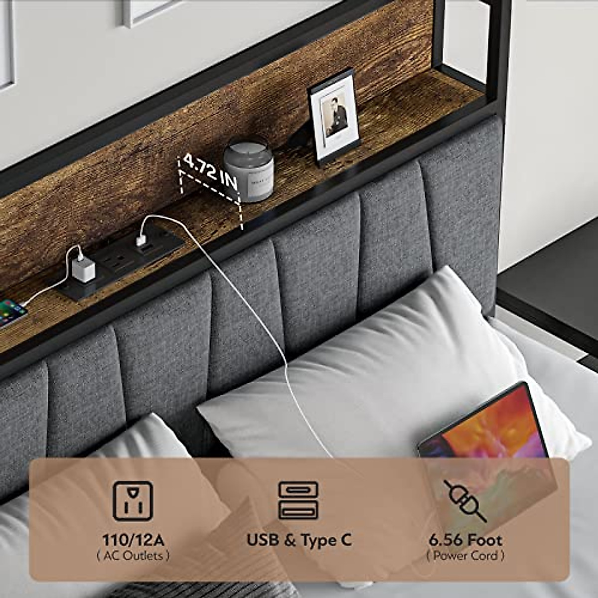 CIKUNASI Queen Size Bed Frame with Headboard and Storage, Drawers Platform Bed Frame with Storage Chargin Station LED Light Bed Frame, Heavy Duty, No Box Spring Needed