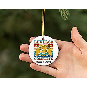Prezzy 60th Birthday Ornament for Christmas Tree Keepsake Gifts for Men Women Friends Family Level 60 Complete Birthday Decorations Personalized Ornaments 3'' Circle Ceramic Hanging Pendants