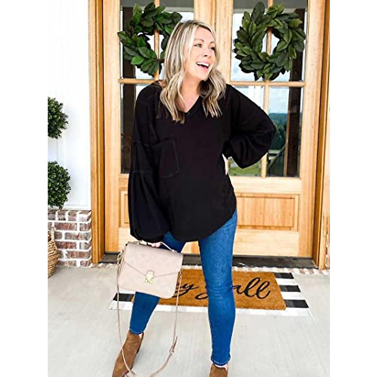 BTFBM Women Casual V Neck Ribbed Knitted Shirts Tunic Tops Loose Balloon Sleeve Solid Pullover Blouses Top with Pocket(Solid Black, Large)