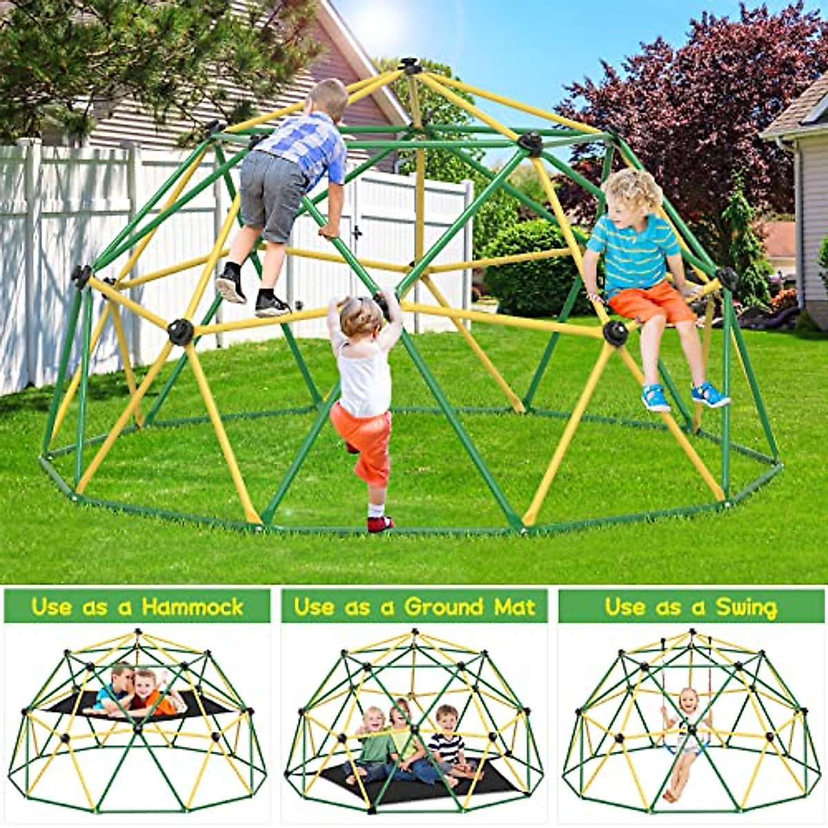GIKPAL Climbing Dome, 10FT Dome Climber with Hammock for Kids 3 to 10 Outdoor Play Equipment, Supports up to 1000lbs Jungle Gym, Anti-Rust, Easy Assembly, Gift for Kids, Yellow+Green