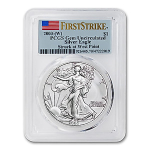 2003 (W) 1 oz American Silver Eagle Coin Gem Uncirculated (First Strike - Struck at West Point - Flag Label) $1 GEMUNC PCGS