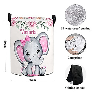 Adorable Elephant Girl Large Storage Basket Personalized Laundry Hamper with Name Bathroom Home Decor Collapsible Round Storage Bin Boxes Clothing for Gift, 19.69''(height) x 14.17''(diameter)