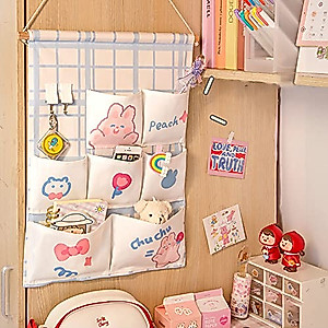 AONUOWE Japanese Cartoon Room Decor Cute Aesthetic Pastel Accessories for Room Decor Kawaii Wall Organizer Hanging Shelves (7 Pockets, Pink)