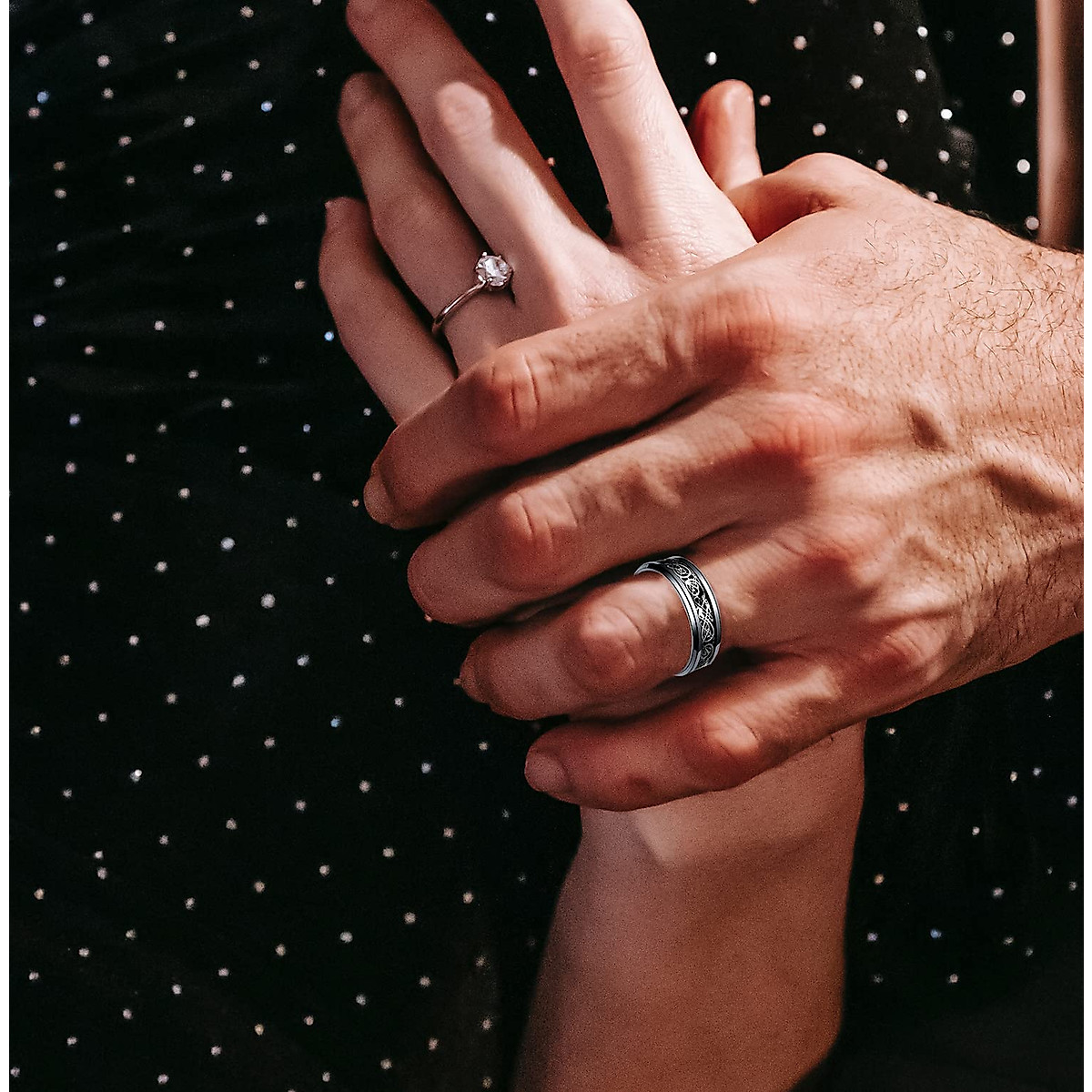 YOOESTORES82 4Pcs Band Rings for Men Stainless Steel Spinner Rings for Men Women Chain Rings Cool Black Ring Set Anxiety Ring Wedding Ring (Black+Silver, 8)