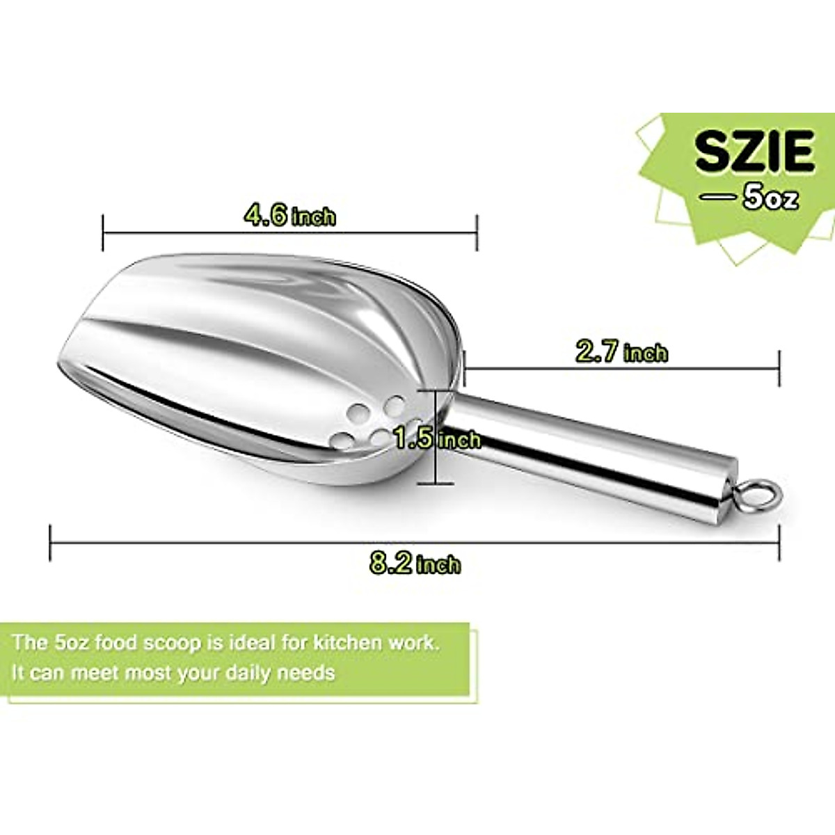 TeamFar 5 oz Ice Scoop with Holes, Stainless Steel Food Scoop Shovel with Drain Holes for Kitchen Bar Party Wedding, Healthy & Heavy Duty, Sturdy Handle & Mirror Finish, Dishwasher Safe