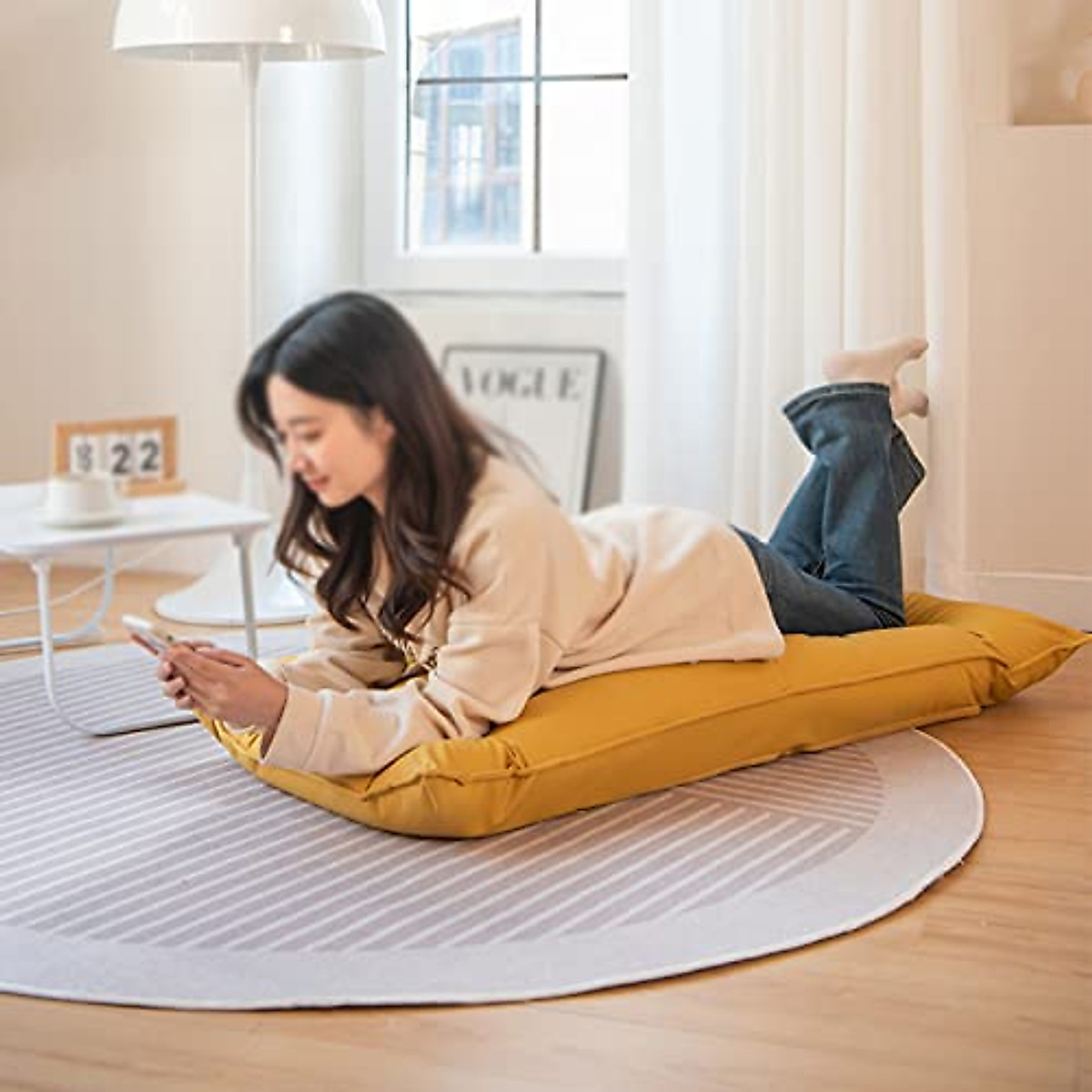 RIYIFER Single Sofa Bed Chair, 5 Positions Adjustable Floor Sofa Water Proof High Back Floor Chair Folding Lazy Sofa for Bedroom Living Room Party Use,Beige