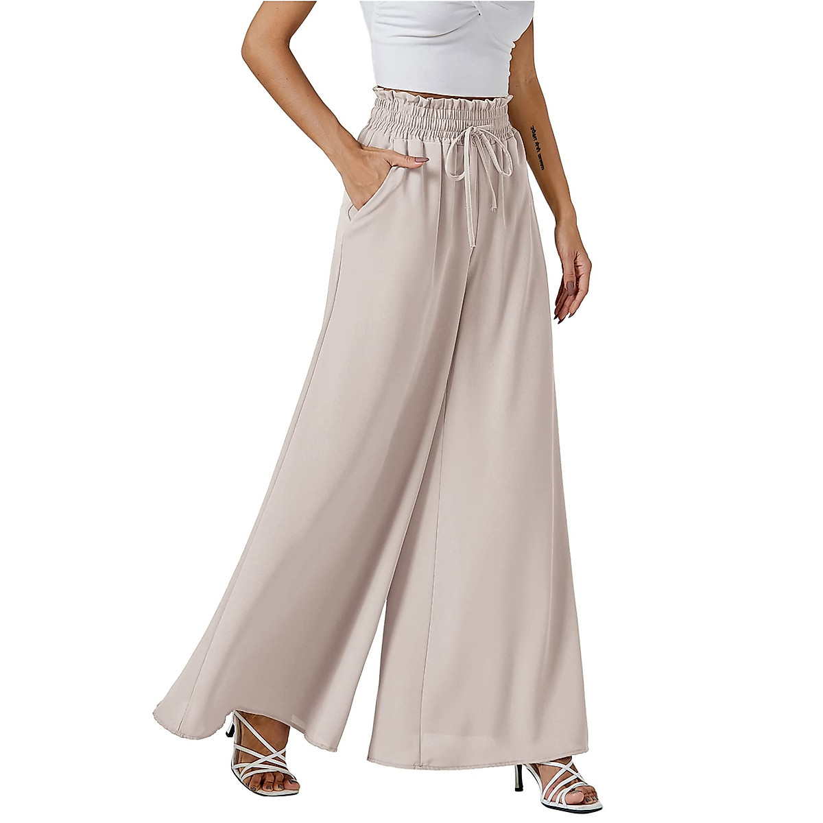 LYANER Women's Drawstring Elastic High Waisted Wide Leg Palazzo Pants Loose Casual Trousers Beige X-Large