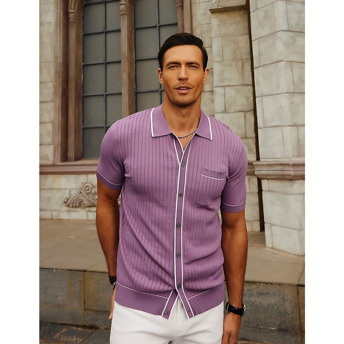 Mens Short Sleeve Knit Shirt Vintage Button Down Golf Polo Shirt Purple S