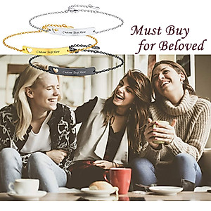 U7 Mantra Engraving Identification Bracelet Customized Black Color Sideways Heart ID Bar Bracelet for Women, Fit 6-8.3 Inch