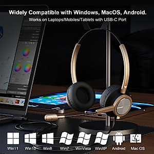 USB Type C Headphones with Noise Canceling Microphone, USB-C Headset with Mic for PC, Laptop, Lightweight Gold Headset for Call Center Office Laptop, Skype, Zoom, Webinar, Google Meet, WeBex
