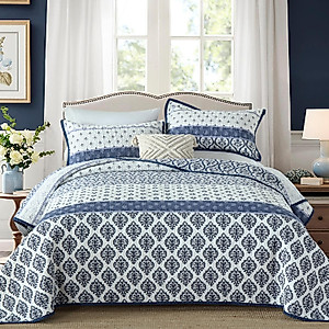 BCOTTOND Floral Quilt Set Queen 100% Cotton Blue Navy Quilt Bedding Set for Queen Bed Farmhouse Bedspread Queen Size Soft Reversible Lightweight Comforter Set All Seasons 3 Pieces