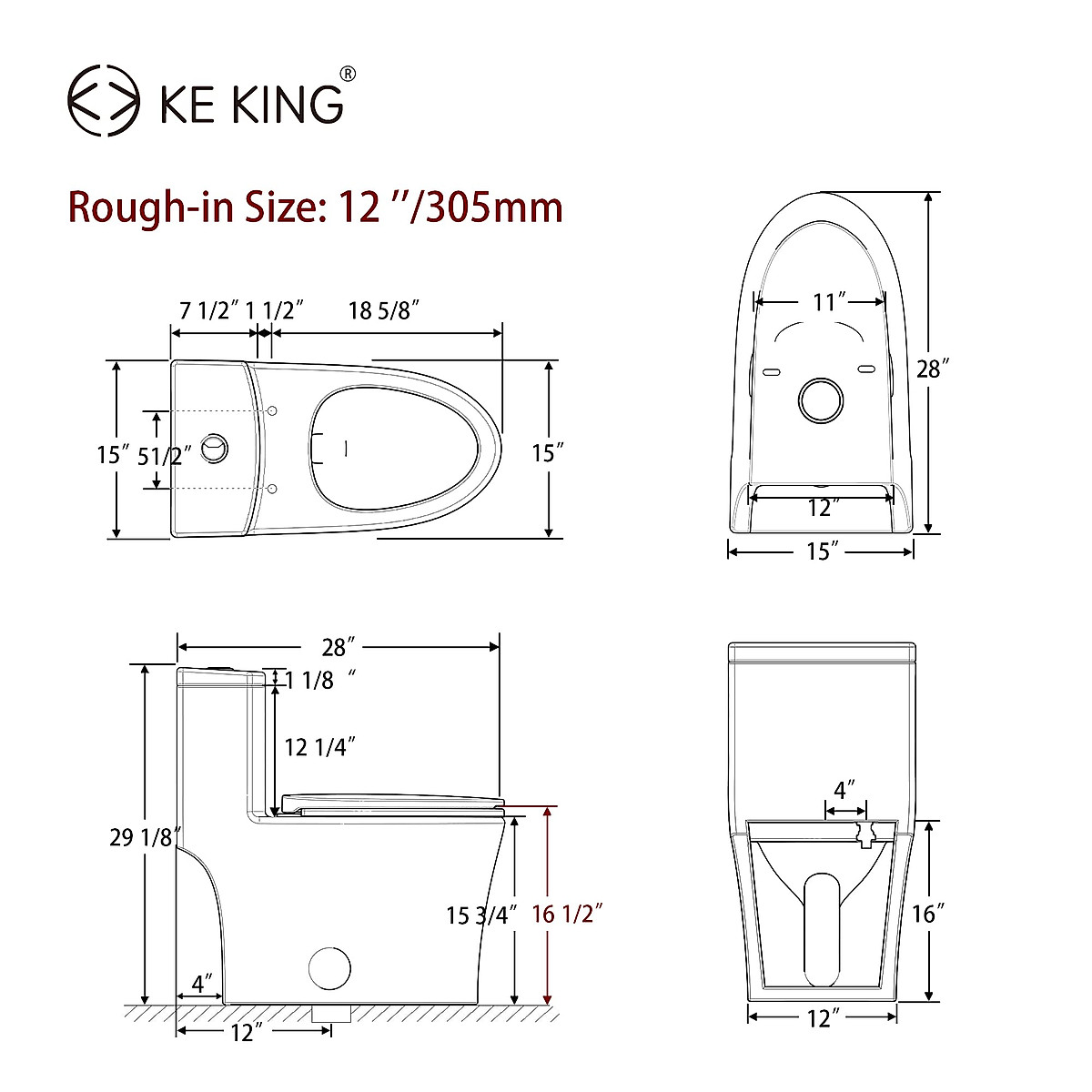 KE KING Water Saving 0.8/1.28 GPF High Efficient Dual-Flush Elongated One-Piece Toilet with Comfort Chair Seat ADA Height, Sleek White Toilet Bowl