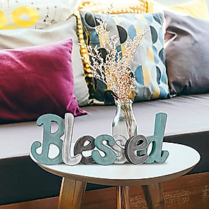 Teal Blessed Wooden Letters Wall Decor Freestanding Cut Out Decorative Wood Word Decor Signs for Living Room Shelf Mantel Table Top Rustic Home Decor
