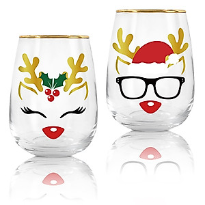 Whaline 17oz Christmas Novelty Stemless Wine Glasses with Gold Rimmed 2Pcs Reindeer Drinking Glasses for Christmas Party Event Supplies Kitchen Decor Gift