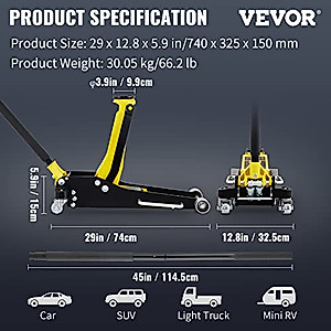 VEVOR 3 Ton Low Profile , Aluminum and Steel Racing Floor Jack with Dual Pistons Quick Lift Pump for Sport Utility Vehicle, Lifting Range 3-6/11"-19-11/16", yellow,black