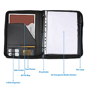 Laelr Zippered Portfolio 3 Ring Binder with 8 Pockes, Leather Business Padfolio with Zipper, A4 Document Binder Organizer for School Office