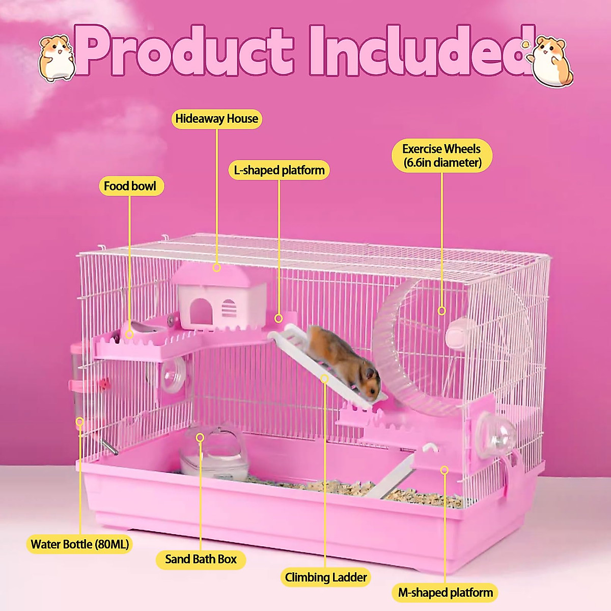 kathson Hamster Cages and Habitats Large Gerbil Cage with Accessories Hut Exercise Wheel Water Bottle Bowl Bathtub Small Animal Basic Cage for Syrian Hamster，3- Levels，22" L x 12.5" W x 14" H，Pink