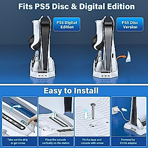 DBEPANK Stand and Cooling Station with Dual Controller Charging Station for PS5 Vertical Stand with Headset Holder for PS5 Accessories for Playstation 5 Console Cooling Fan Stand White